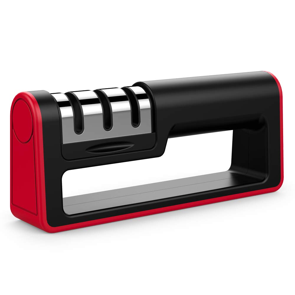 Upgraded Kitchen Knife Sharpener, Ulwae 3-Stage Knife Sharpener to Restore Non-Serrated Knife Blades Quickly, Safely, and Easy to Use for Kitchen, Camping, Hiking and Household Use Red-Black