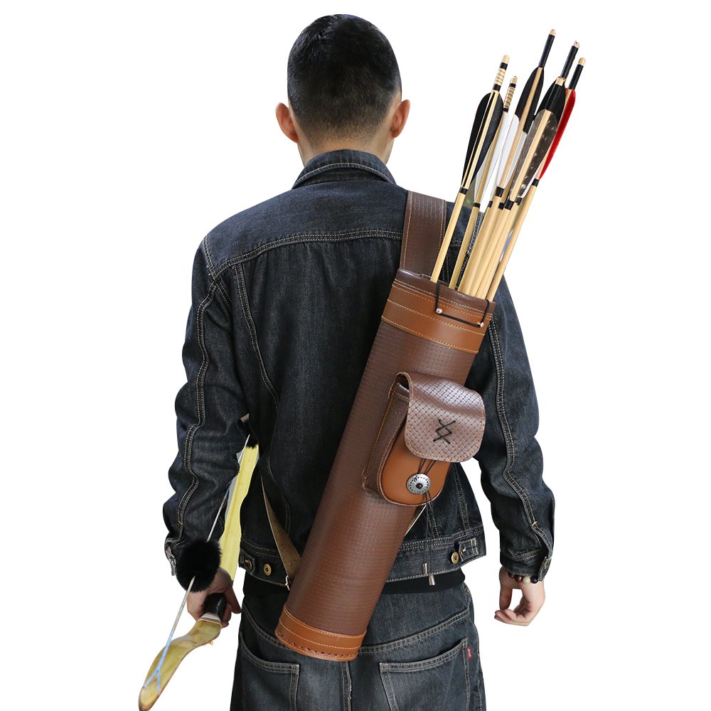 TOPARCHERY Traditional Shoulder Back Quiver Bow Leather Arrow Holder with Large Pouch Handmade Straps Belt Bag Brown