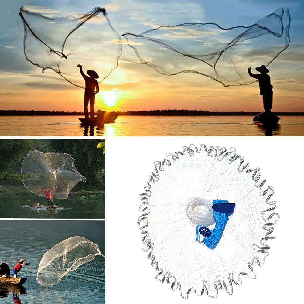 Yeahmart Handmade American Saltwater Fishing Cast Net with Heavy Duty Real Zinc Sinker Weights for Bait Trap Fish 4Ft Radius, 3/8 Inch Mesh Size