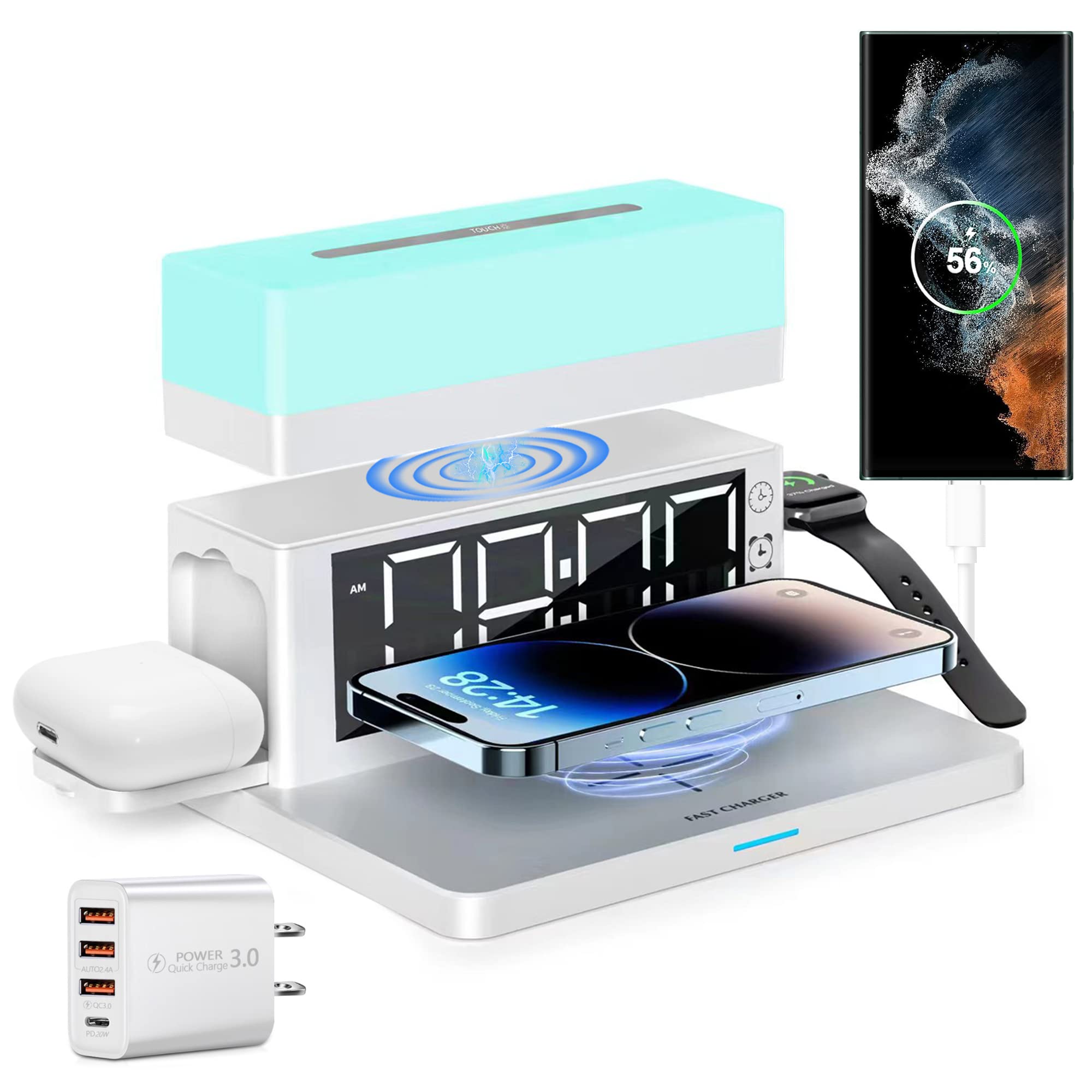 SMSASOEO Wireless Charger,6 in 1 Wireless Charging Station with Digital Alarm Clock & Night Light,15W Fast Charger Compatible with iPhone 14/13/12/11/XS Samsung Galaxy AirPods & Apple Watch
