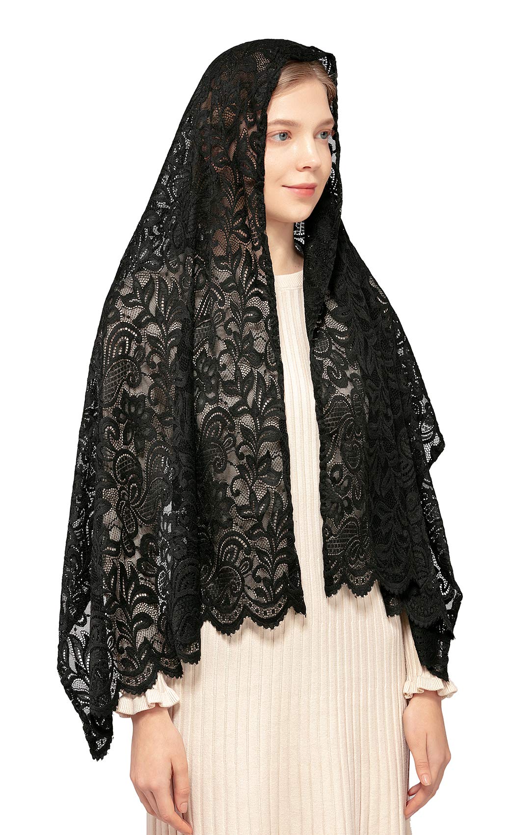 Wgior Rectangular Chapel Veil Scarf Catholic Church Veils Mantilla Wrap Shawl Mass Head Covering (Black)