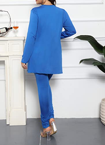 Vssjavun Women’s Running Sweatsuits Gym Set Two Piece Long Sleeve Top Ruched Pants Exercise Set Sets Blue XXL
