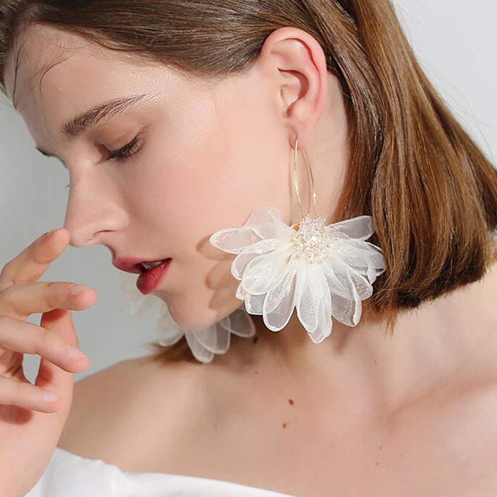 YERTTER Women Big Petal Drop Large Earrings Big Flowers Dangle Earrings with Chiffon Floral Tassel for Vacation Wedding (Ivory)