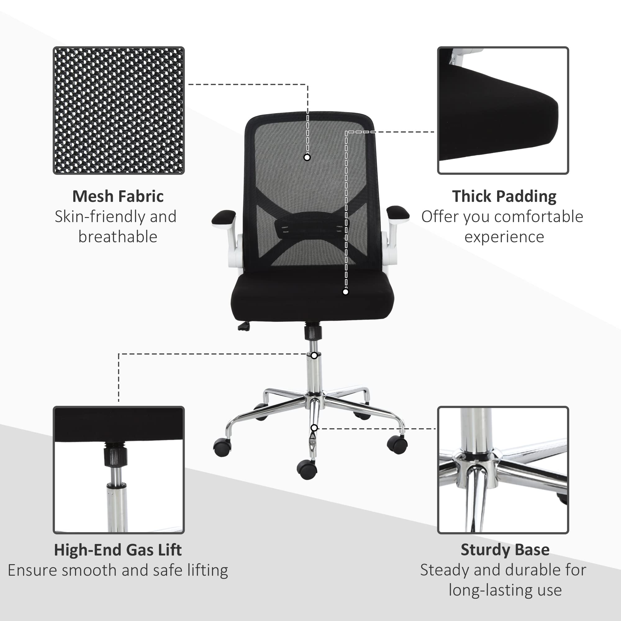 Vinsetto Ergonomic Mesh Office Chair Rocking Swivel Computer Task Desk Chair with Folding Backrest, Lumbar Support, Flip-up Arms and Adjustable Height, Black