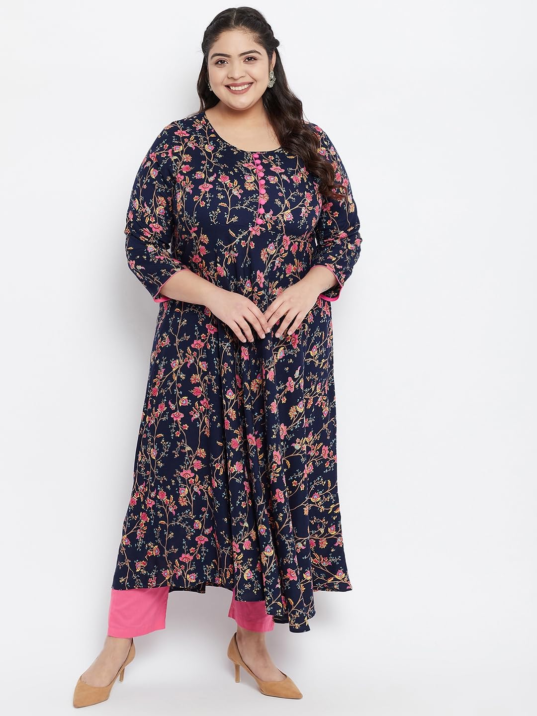 Tissu Women's Navy Blue & Pink Floral Printed Flared Kurta (Blue_S)