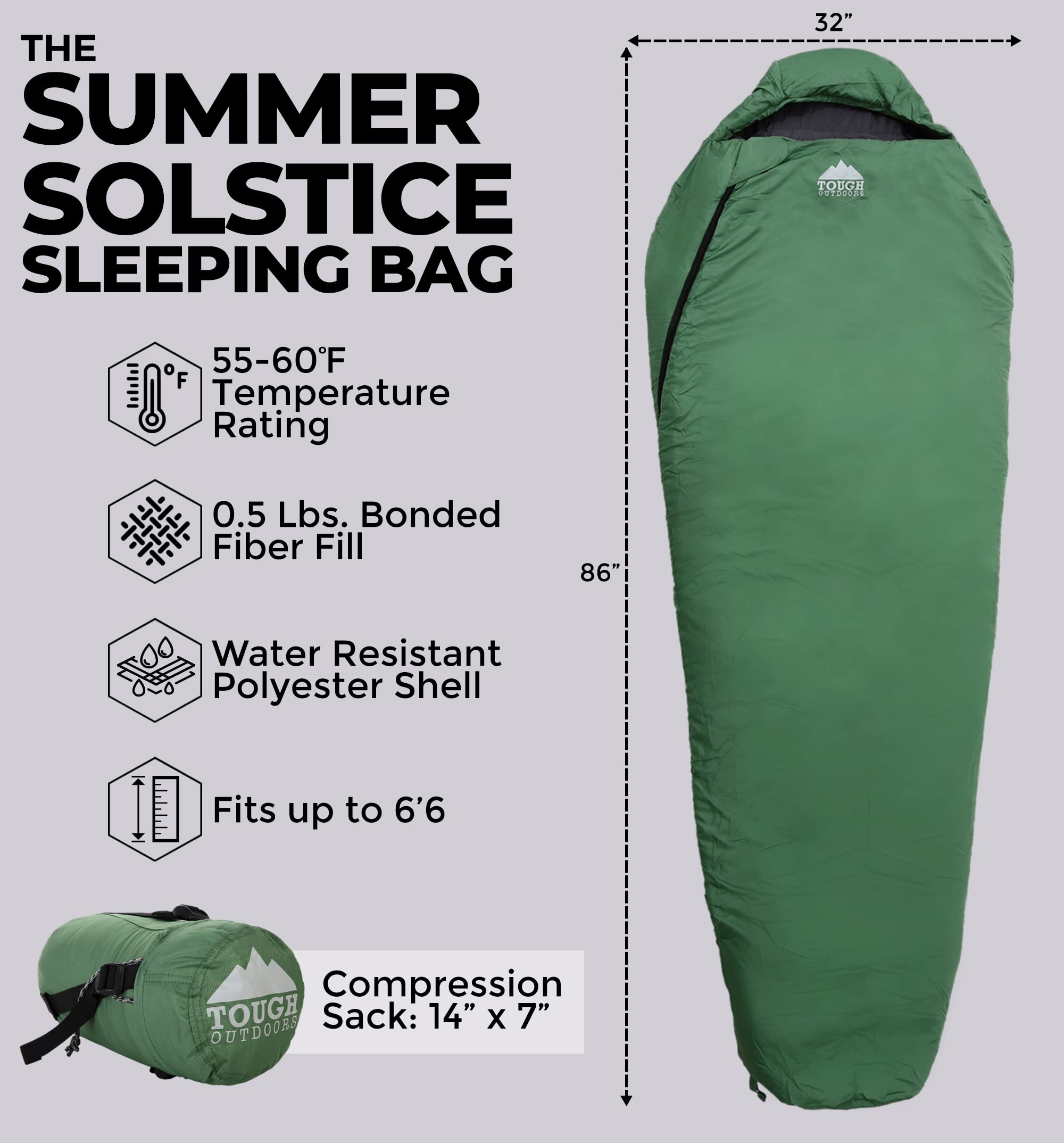Tough Outdoors Mummy Sleeping Bag - Camping Sleeping Bags for Adults - Compact Sleeping Bag w/Compression Sack - Backpacking Sleeping Bag for Summer, Mild & Winter Weather - Hooded Sleeping Bag