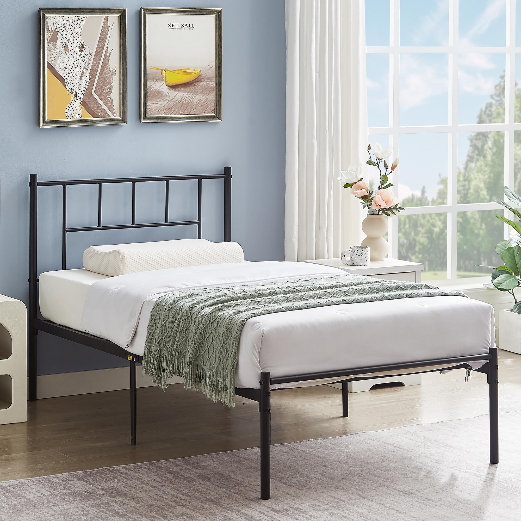 VECELO Twin Bed Frame, 14 Inch Metal Platform with Headboard, Heavy Duty Steel Slat Support, No Box Spring Needed, Easy Assembly