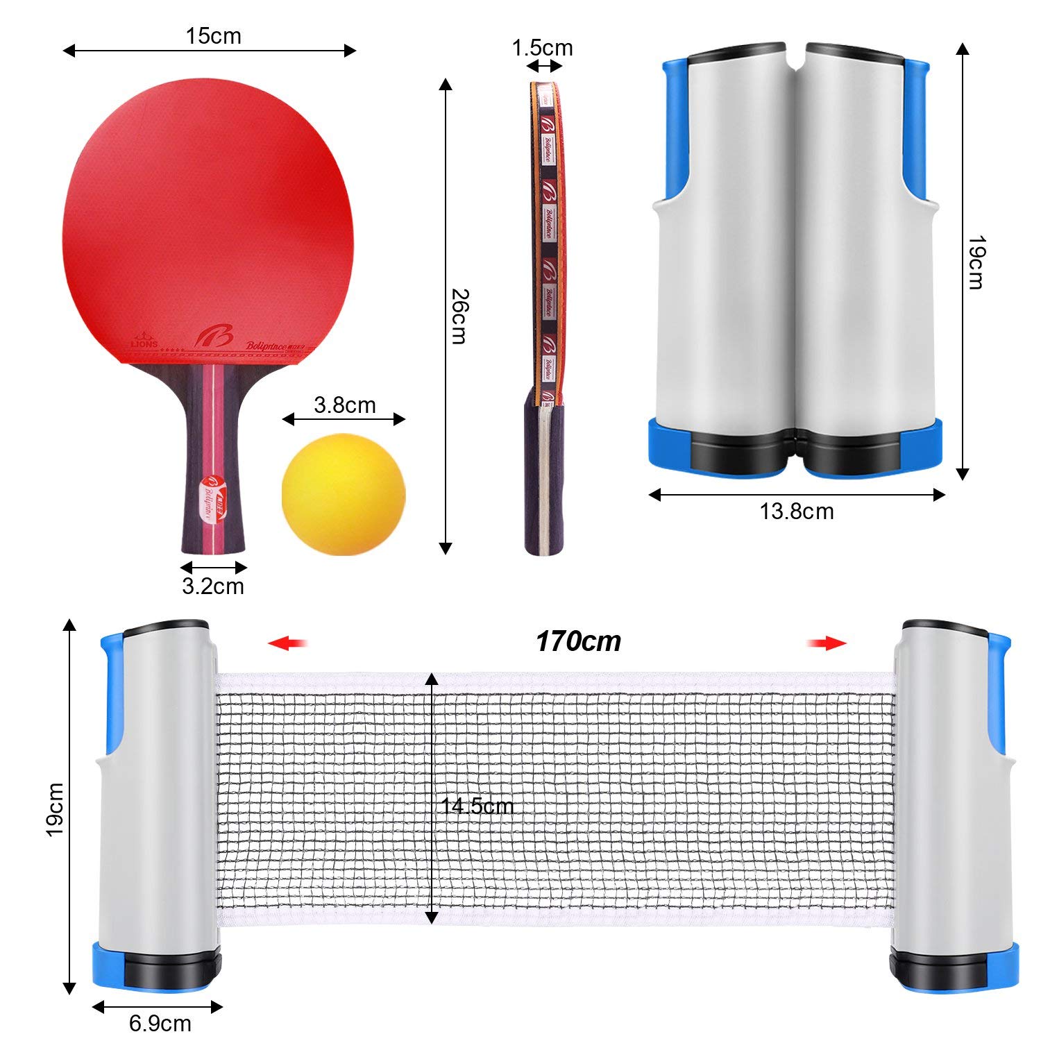 XDDIAS Ping Pong Paddle Set, Portable Table Tennis Racket Sets includes 4 Ping Pong Rackets, 8 Game Balls, 1 Retractable Net, Storage Case for All Ages Indoor Outdoor