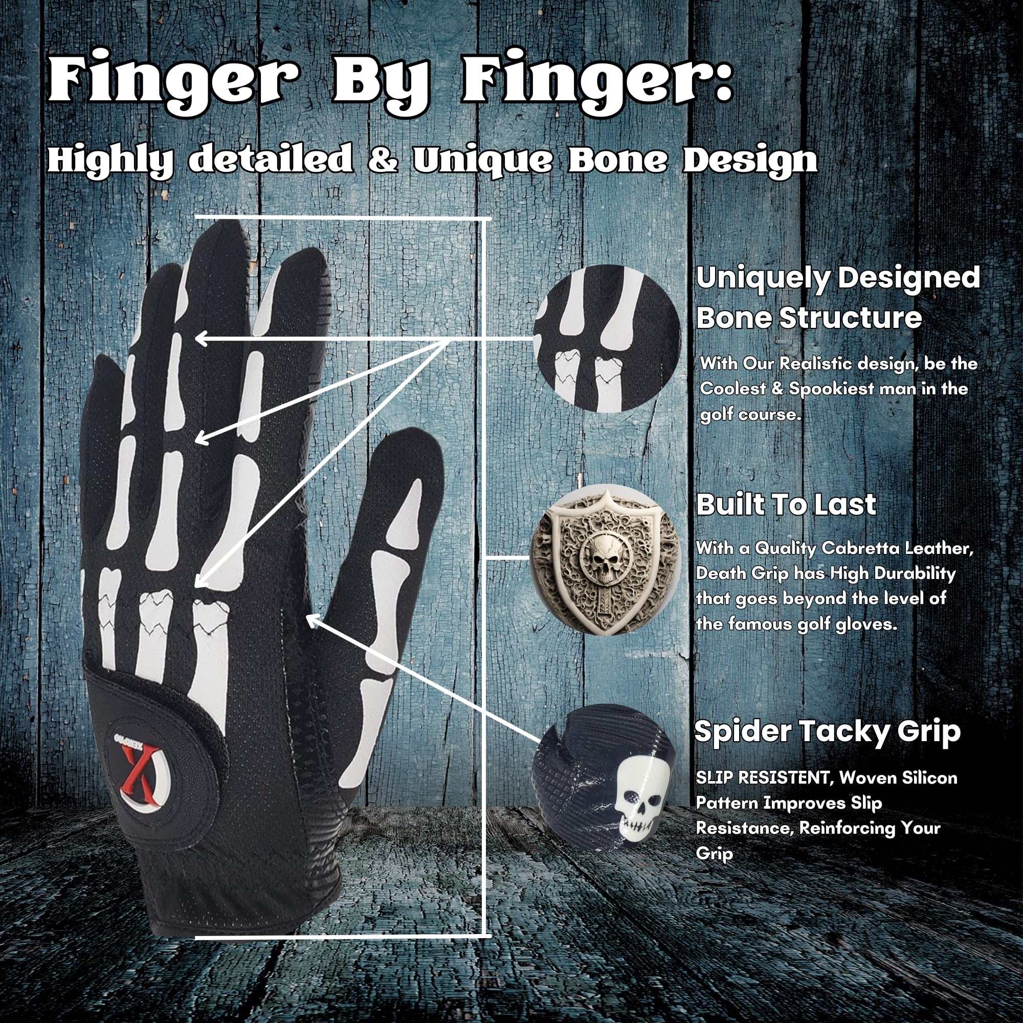 XEIRPRO Skeleton Death Grip Golf Gloves for Men β Funny Golf Gloves for Men β Cool & Tacky Golf Glove 2 Pack β Perfect for Summer & Fall Golfing (Black, XX-Large, Right)