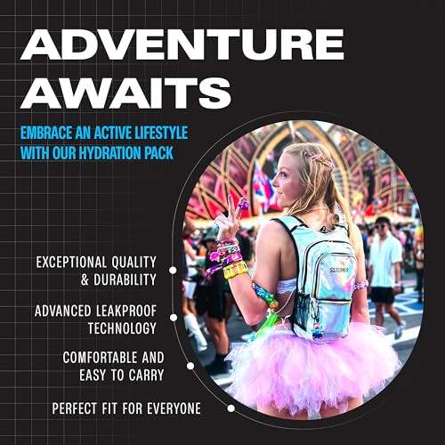 SOJOURNER Rave Hydration Pack Backpack - 2L Water Bladder Included for Festivals, Raves, Hiking, Biking, Climbing, Running and More (Multiple Styles) (Holographic - Silver)