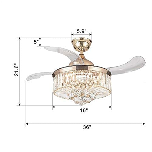 yomay Modern Crystal Chandelier Ceiling Fan with Lights and Remote, Invisible 36 Inch Fandelier LED Light kit with Retractable Blades, Gold