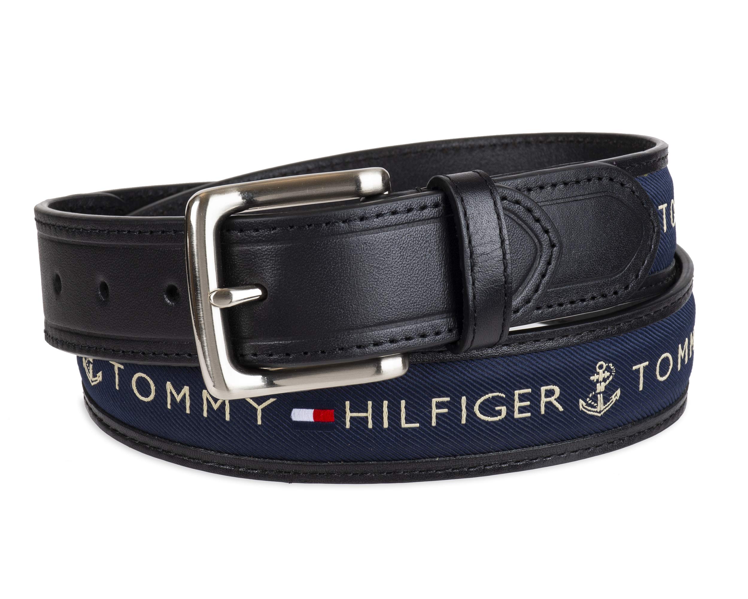 Tommy Hilfiger Men's Ribbon Inlay Belt - Ribbon Fabric Design with Single Prong Buckle, Black/Navy, 36
