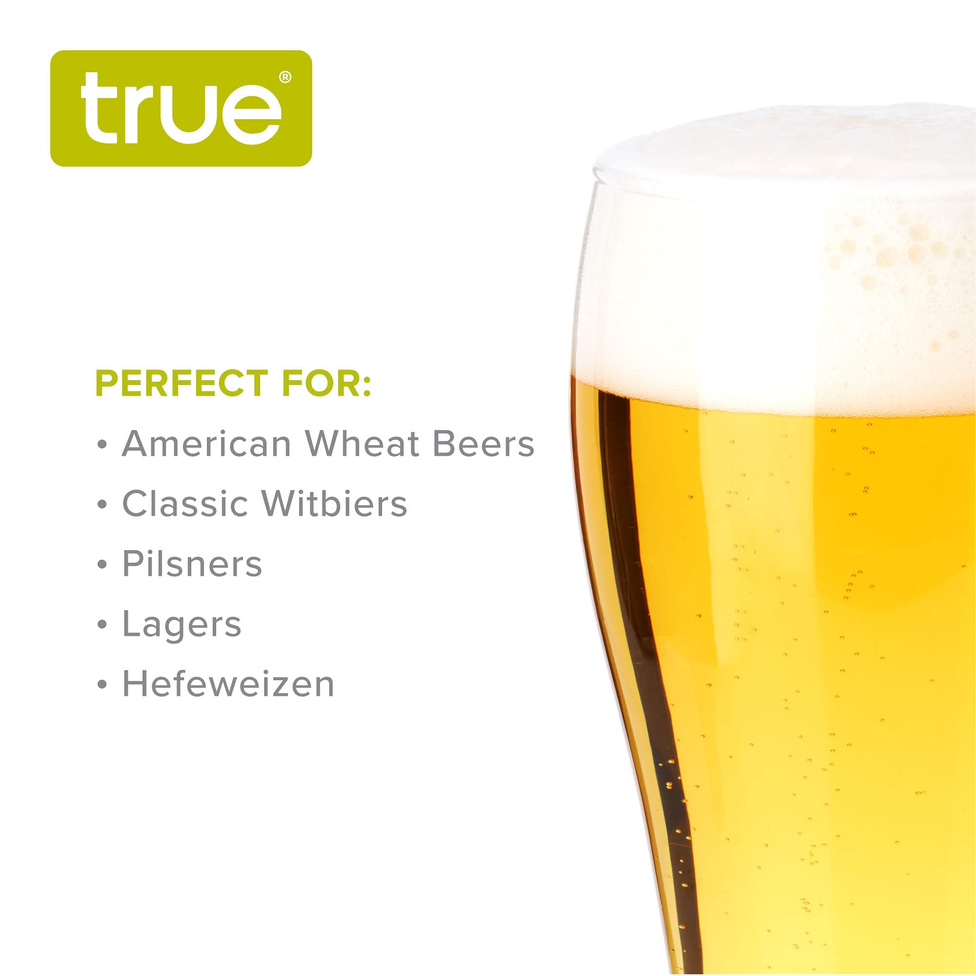 True Wheat Beer Glasses, Pilsner Beer Glass, Craft Brew Lovers Glassware, 23 Ounce, Large Beer Glasses, Set of 4 Pilsner Glasses, Clear Glass