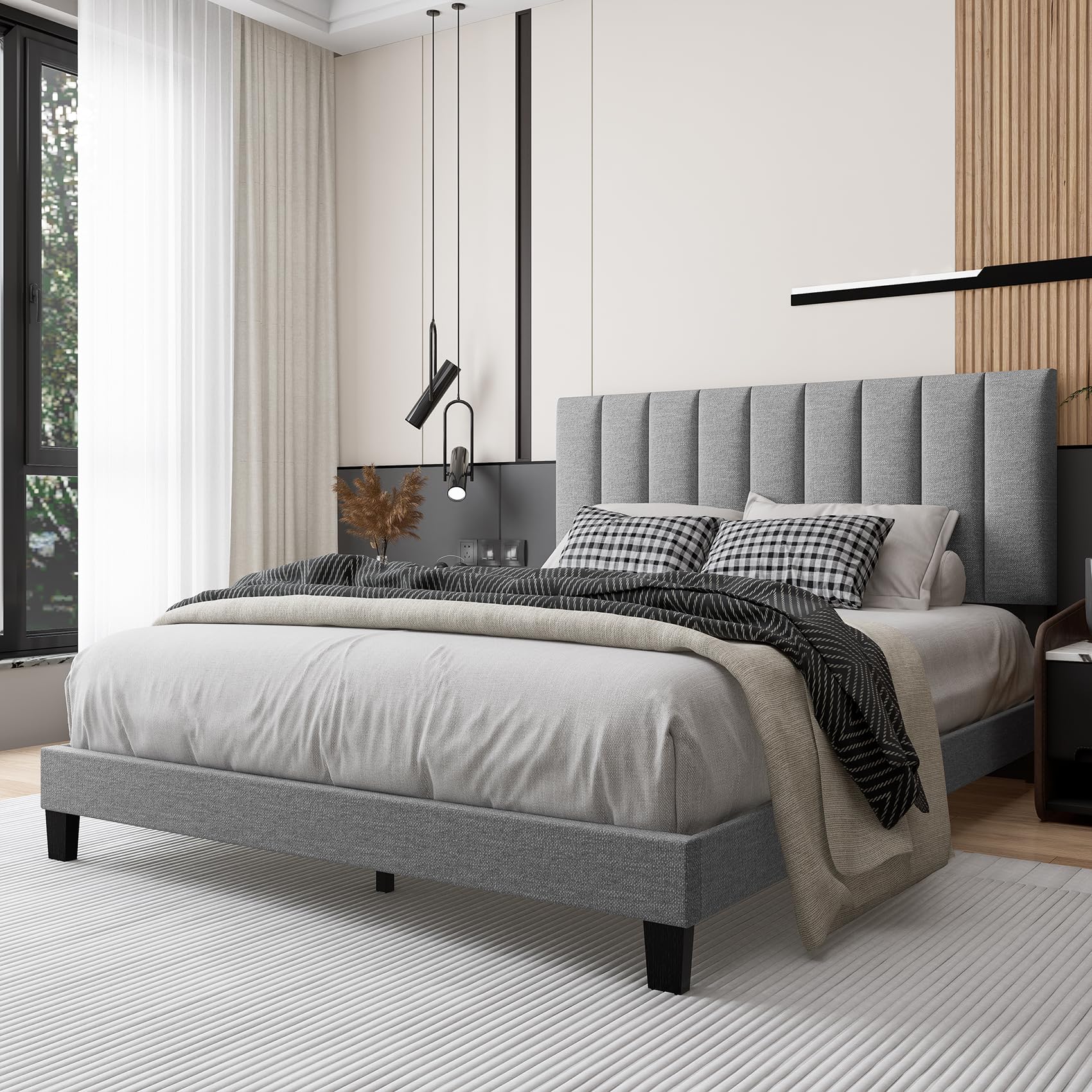 VERSAINSECT ze Bed Frame with Adjustable Headboard, Vertical Channel Tufted Linen Fabric, Wooden Slats Support, Mattress Foundation/Noise Free/No Box Spring Required/Easy Assembly