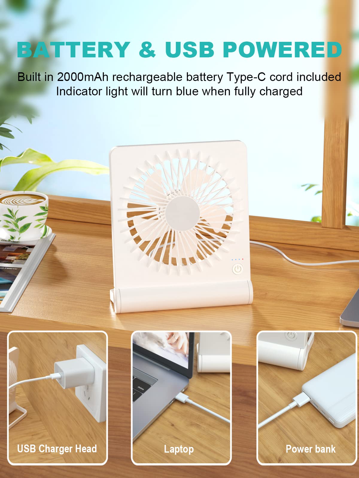 Tevelecin Small Desk Fan, 2000mAh Rechargeable USB Fan Battery Operated,Ultra Quiet, Strong Wind, 3 Speeds Travel Fan