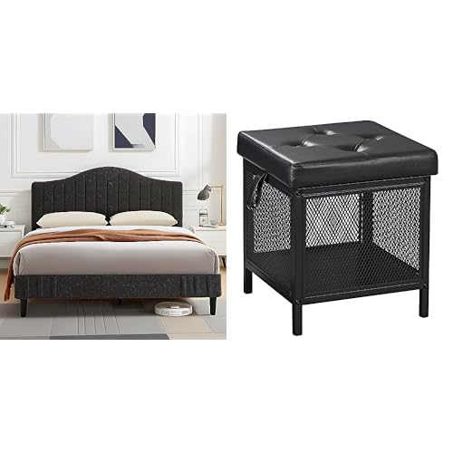 VECELO Upholstered Bed Frame Queen Size and Storage Ottoman Foot Rest Stool, Platform Bed with Adjustable Sheepskin Fabric Headboard and 7.9'' Under Bed Space, PU Leather Ottoman Holds up to 466 lbs