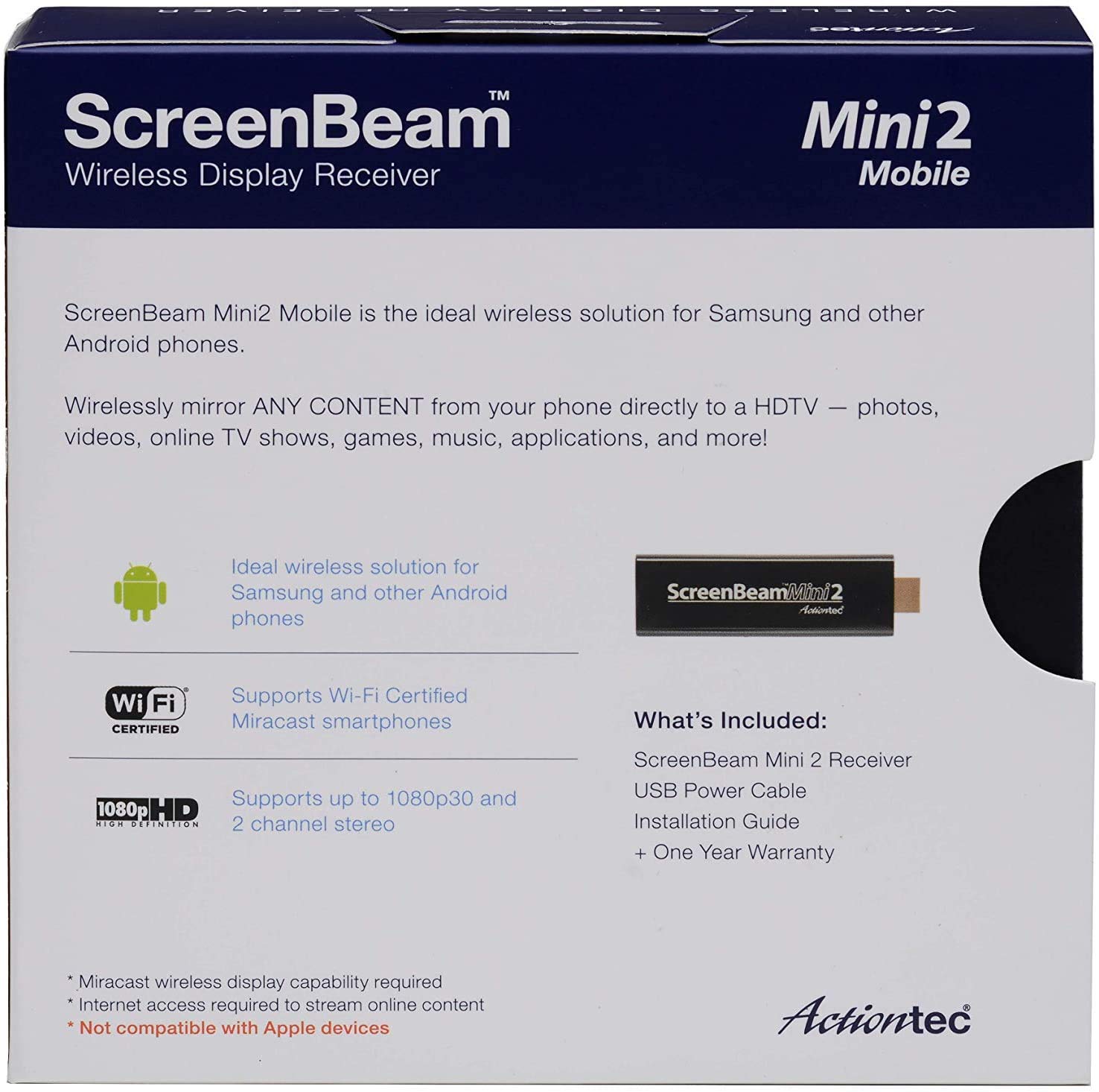 ScreenBeam Mini2 Mobile Wireless Display Adapter with Miracast (SBWD60MBL01) - Mirror Phone Screen to HDTV, HDMI Connector, No Apps Required, Supports Select Microsoft & Android Devices