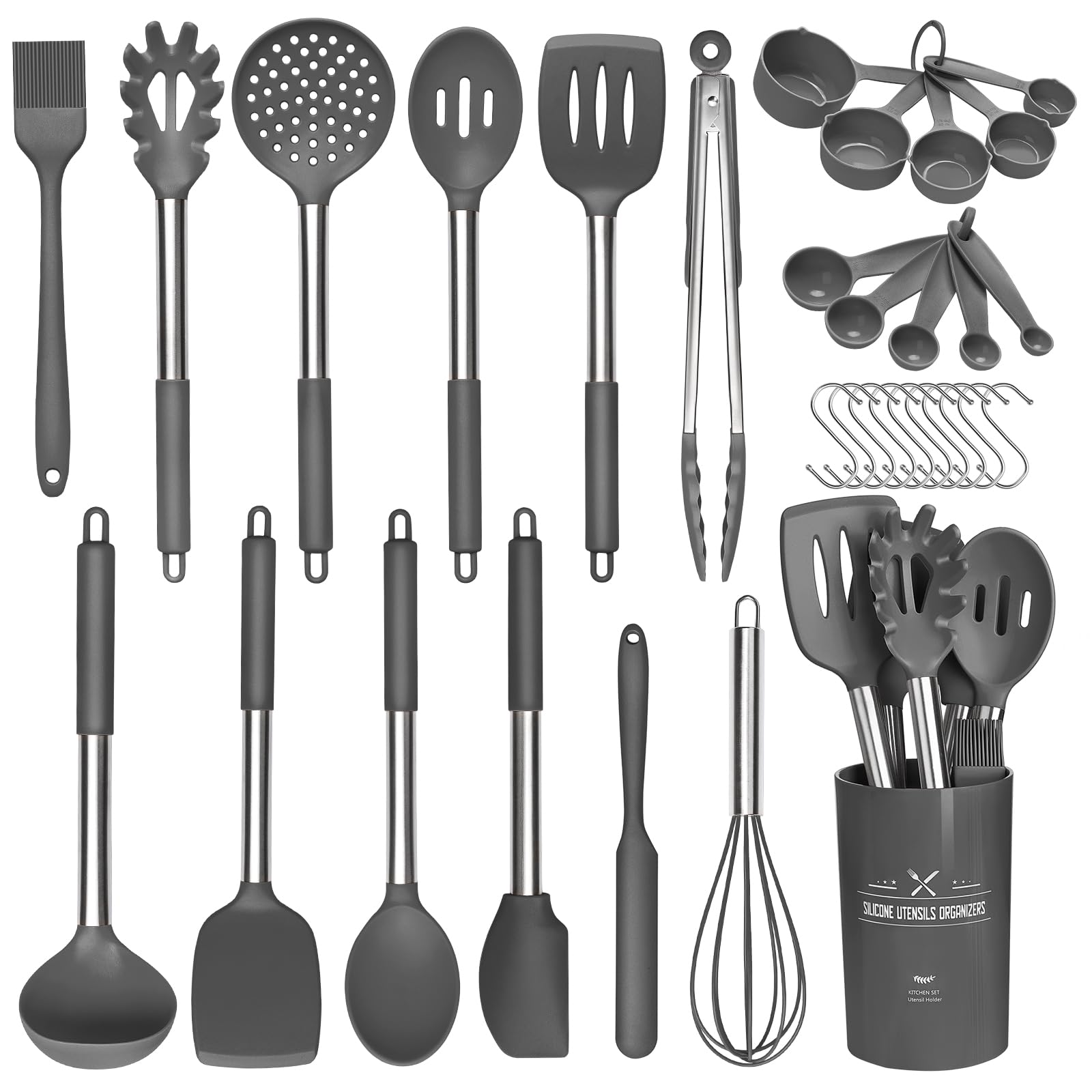 Silicone Kitchen Utensils Set Utensilios de Cocina Cucharas de Silicona Para Cocina 33Pcs Silicone Cooking Utensils Set for Nonstick Cookware Dishwasher Safe (Grey)
