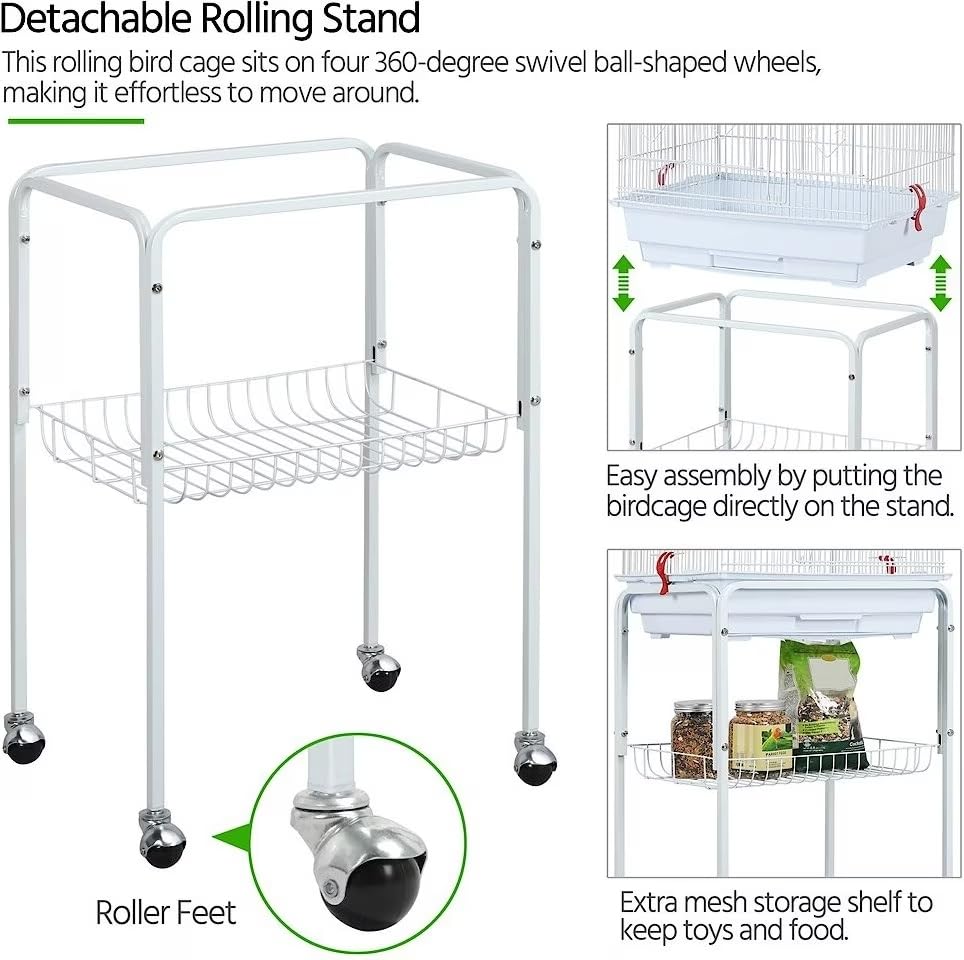 TENAS Deluxe 64-Inch Metal Bird Cage - with Open Top Design and Rolling Bracket - Premium Rust Resistant Wire - Easy-to-Clean Base - 360 Degree Rolling Casters - Convenient Slide-Out Tray (White)