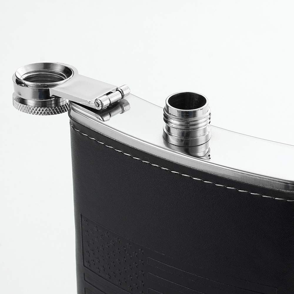 YWQ Stainless Steel American Flag Flask, Soft Touch Cover Liquor Flasks 8oz | Leak Proof Black PU Leather Heavy Duty Hip Set, Includes Funnel