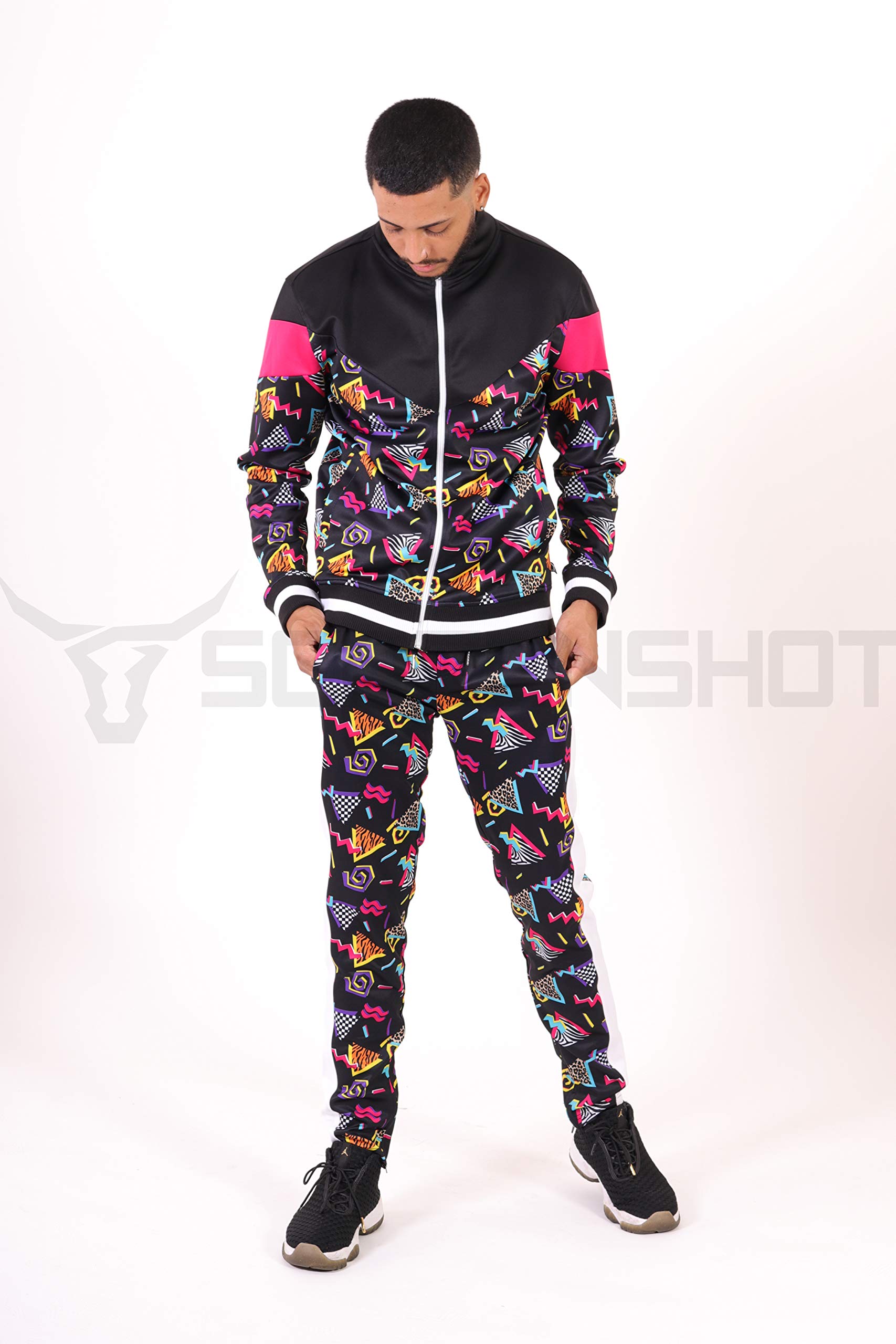 SCREENSHOT-P11904 Mens Hip Hop Premium Slim Fit Track Pants - Athletic Jogger 80's Retro Pattern Print Streetwear Bottoms-Black/Pop-Large