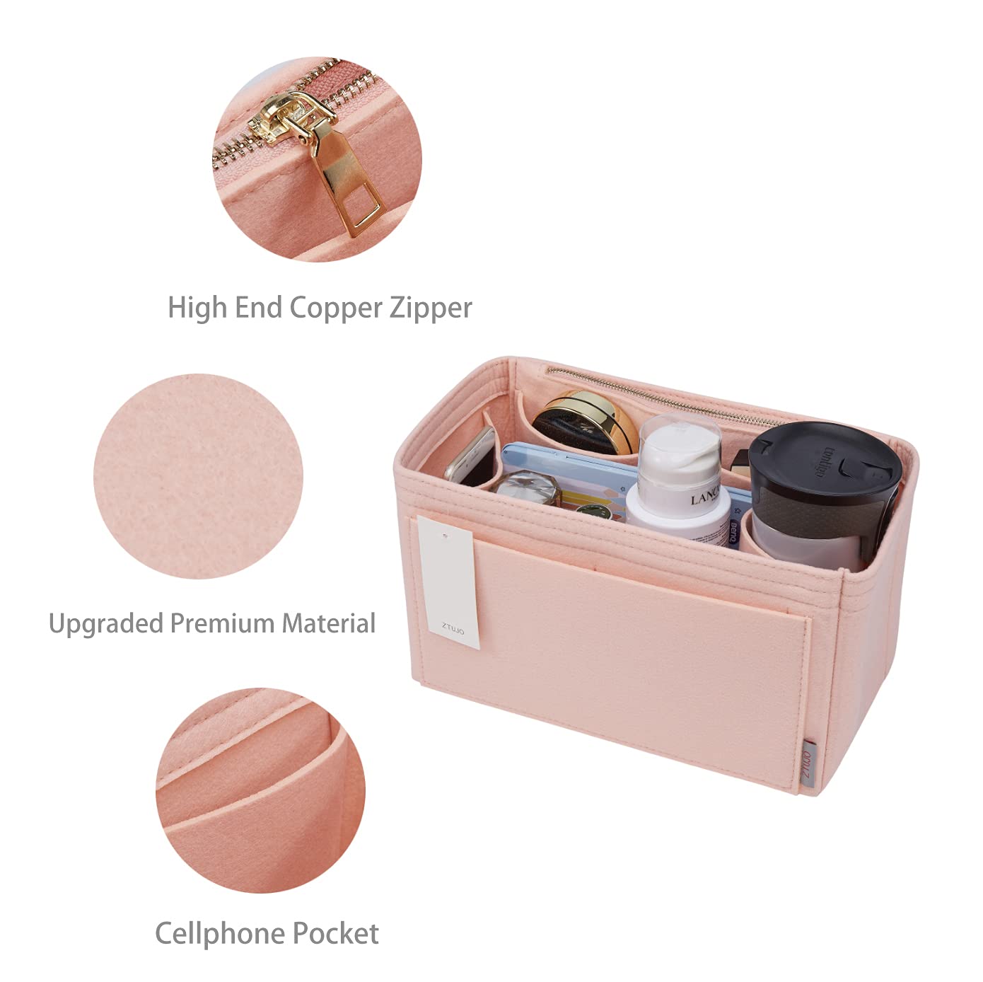 ZTUJO Purse Organizer Insert With Bottle Holder, Felt Bag Organizer Perfect for Speedy, Neverfull, Tote and More (Slender Medium, Brush Pink)