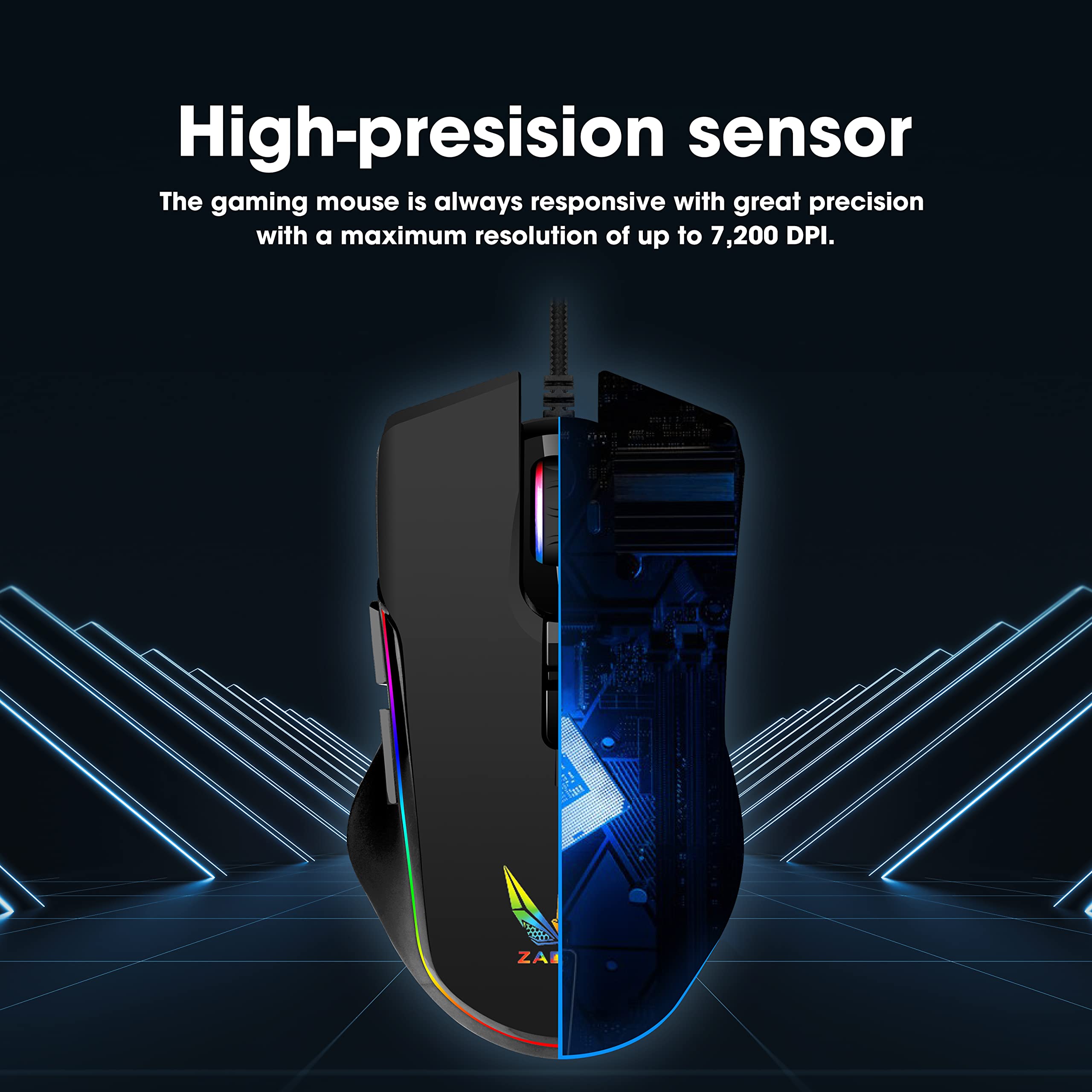 ZADEZ Gaming Mouse G-156M Wired Gaming Mouse for Gamer - Silicone Rubber on Both Sides - 11 Modes of Lighting Effects - Durability of Buttons up to 20 Million clicks - 7200 DPI for PC Laptop