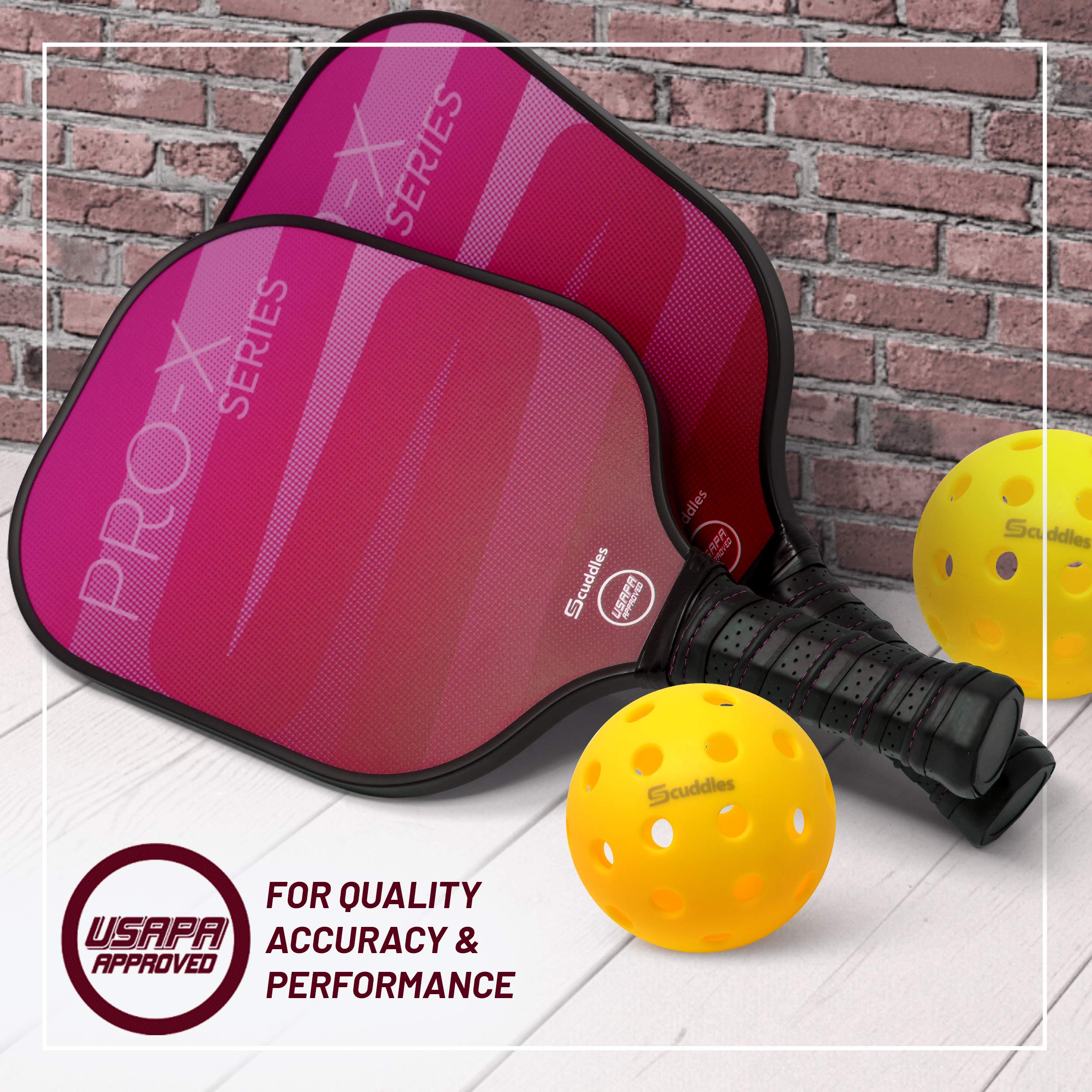 Scuddles Pickleball Paddles - Outdoor Games - Pickleball Set, Includes - 1 Instructional Book 2 Indoor and 4 Outdoor Pickleballs 2 Paddle Covers and 2 Rackets