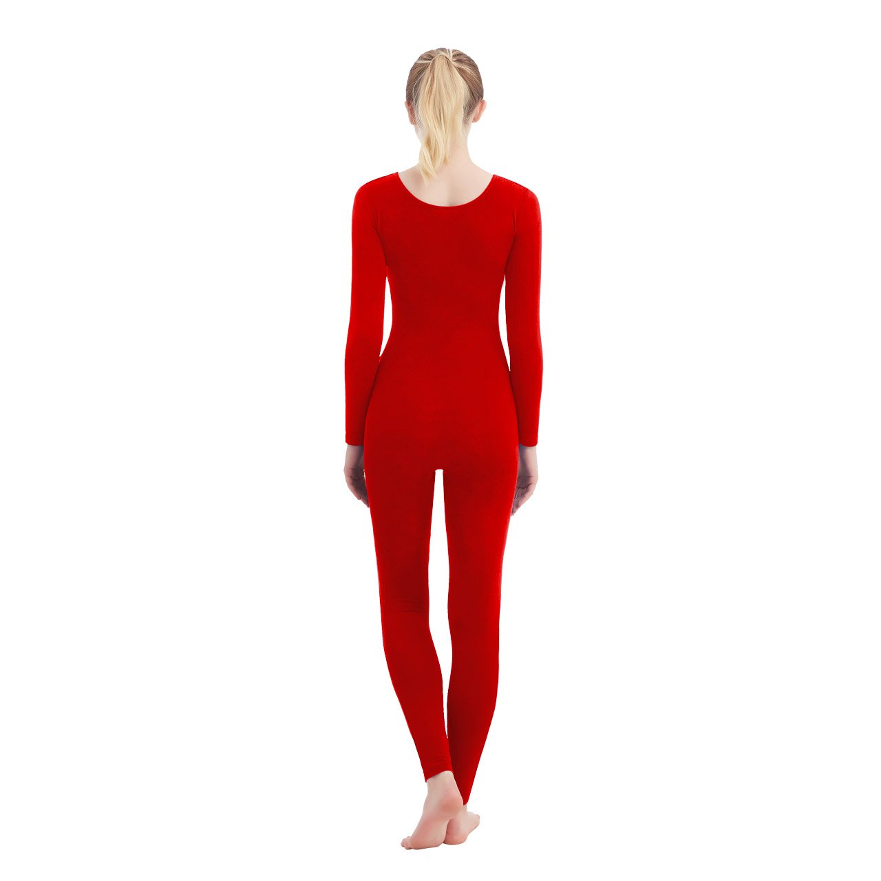 Unisex Scoop Neck Footless Spandex Long Sleeve Unitard (Small, Red)