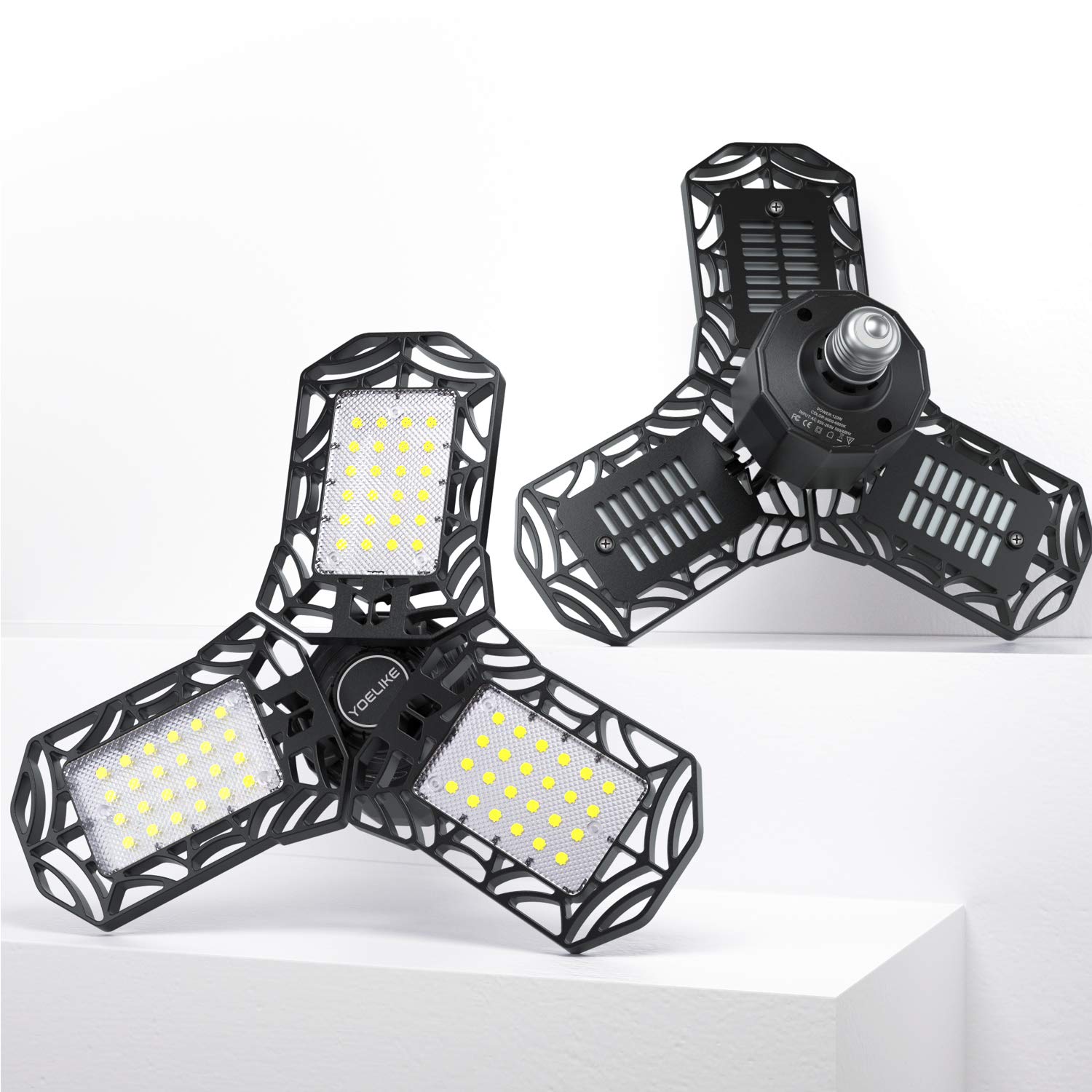 yoelike Led Garage Light 2 Pack, 60W Deformable Led Garage Lights Ceiling, 6000LM Bright Garage Light, 6500K 3 Adjustable Panels Shop Lights for Garage, Workshop, Warehouse, Barn, E26/E27