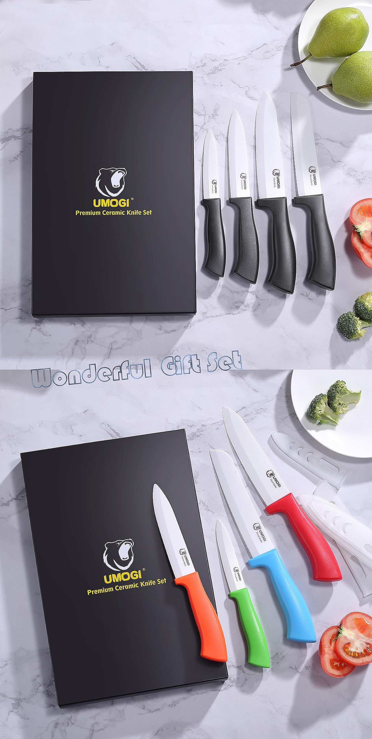 UMOGI Ceramic Kitchen Knife Set with Covers in Gift Box, Healthy Stain Resistant & Non-Rust, Dishwasher Safe - Colorful Knife Set Include Chef, Serrated Bread, Utility & Paring Knife