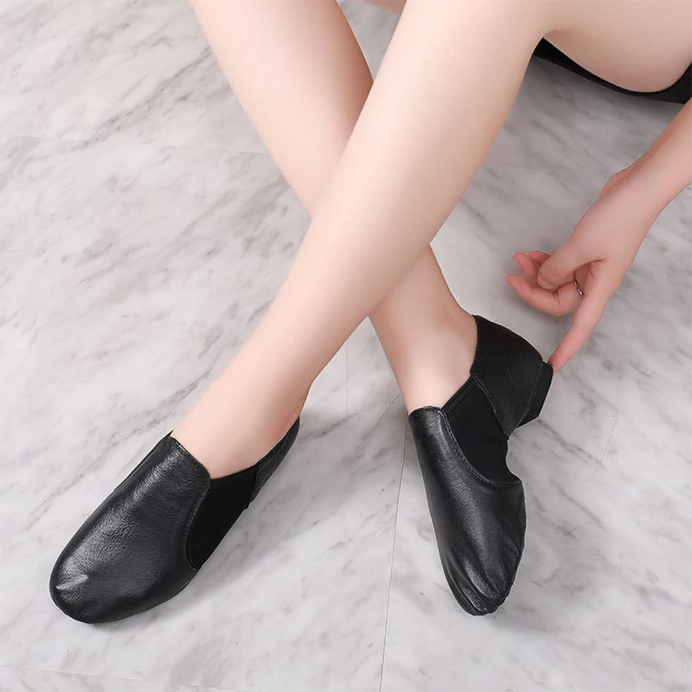 Women Leather Jazz Dance Dhoes Girls Dancing Ankle Boots Slip On Jazz Shoe(Black,US 7.5)
