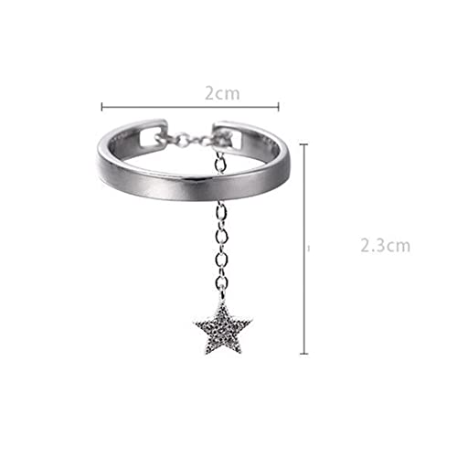 XCFS 2 Pack/Set Boho 925 Sliver Plated Cubic Zirconia Moon and Star Charms Chain Women Girls Adjustable Tassel Band Ring,Open Ring