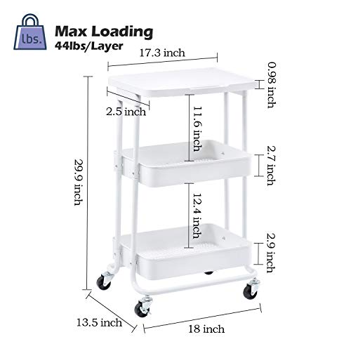 TOOLF 3-Tier Metal Rolling Storage Cart with Plastic Tabletop, 3-Tier Metal Serving Rolling Cart with Contral Handle,Trolley Organizer with Locking Wheels for Library Office Classroom Home Dedroom