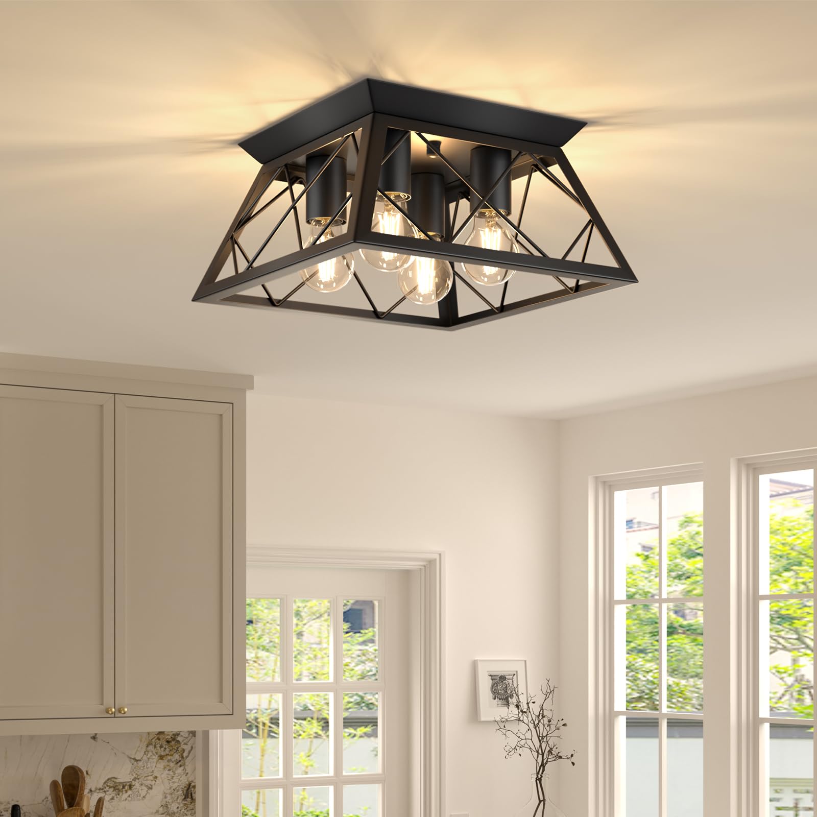 Umtozz 4-Light Kitchen Light Fixtures Ceiling Mount, Farmhouse Black Flush Mount Ceiling Light, Industrial Square Ceiling Light Fixture for Dining Room Living Room Bedroom