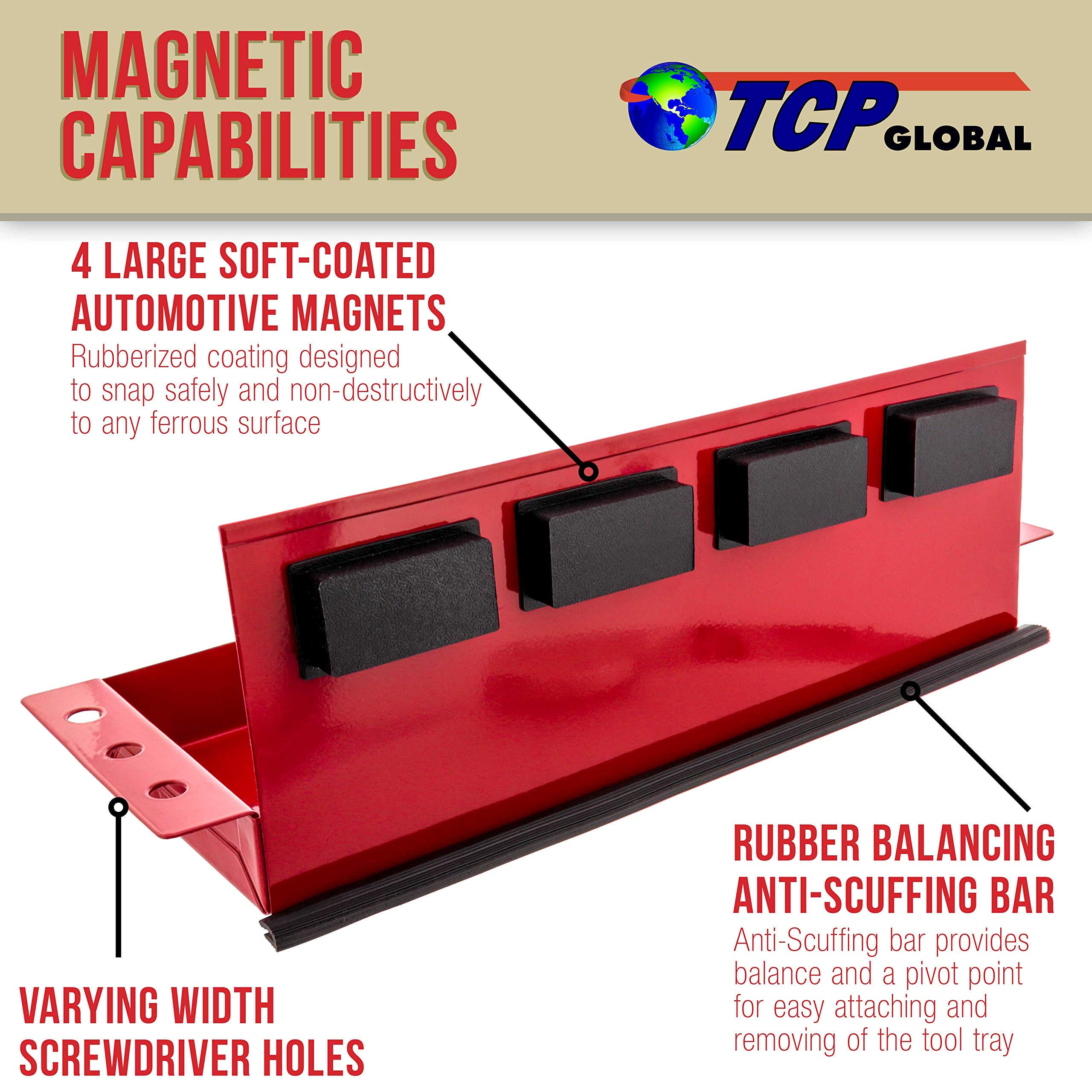 TCP Global 12" Magnetic Tool Box Tray with Screwdriver Holder - Steel Storage Shelf Bin, Holds 6 Screwdrivers, Store Hand Tools, Auto Parts - Attach to Wall, Chest, Cabinet - For Shop, Workshop Garage