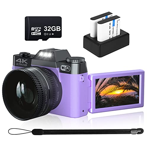 VJIANGER 4K Digital Camera 48MP Vlogging Camera for YouTube with 3.0’’ 180° Flip Screen, WiFi, 16X Digital Zoom, 52MM Wide Angle & Macro Lens, 2 Rechargeable Batteries, 32GB Micro SD Card(Purple31)
