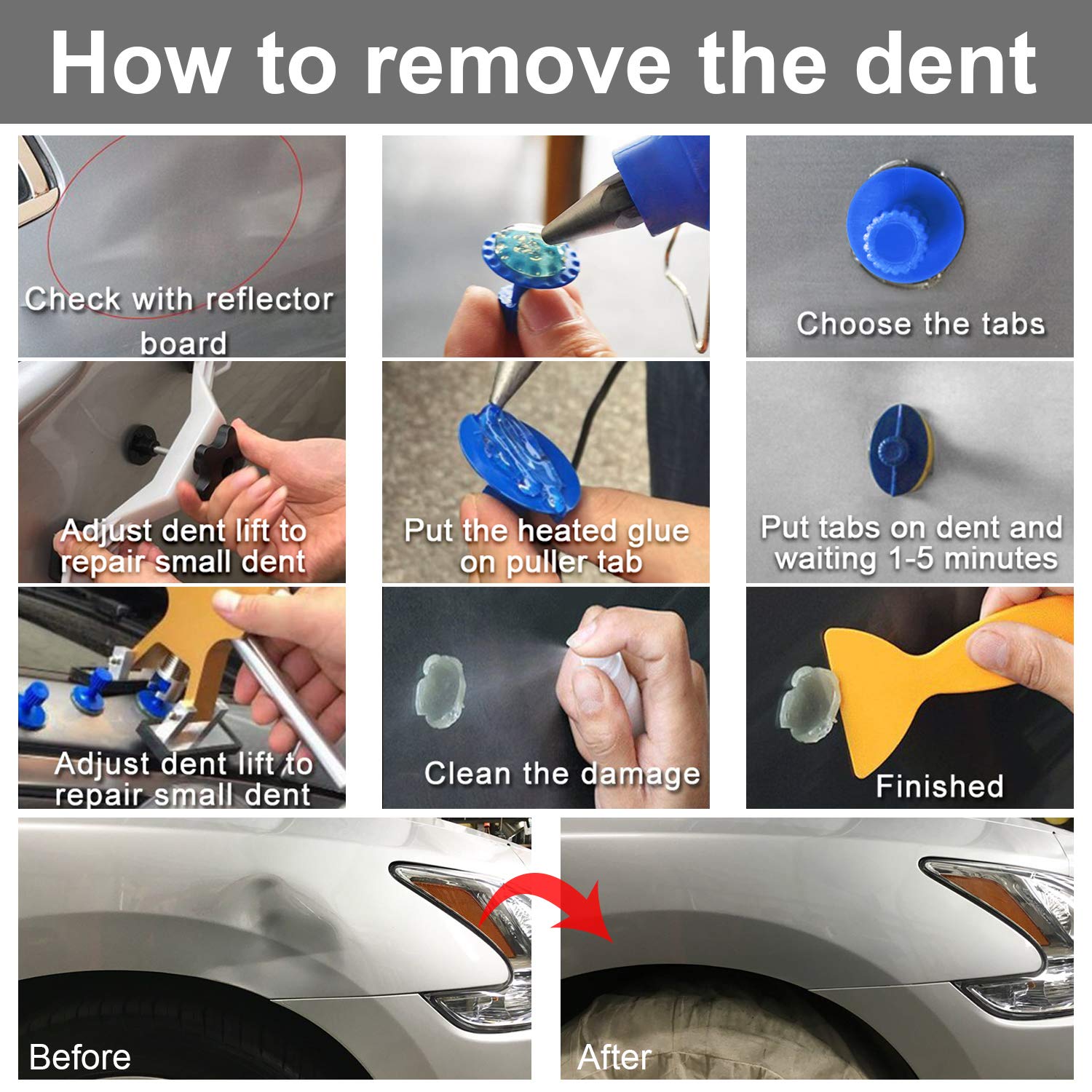 YOOHE Auto Paintless Dent Repair Kits - Golden Car Dent Puller with Bridge Dent Puller Kit for Car Hail Damage and Door Dings Repair