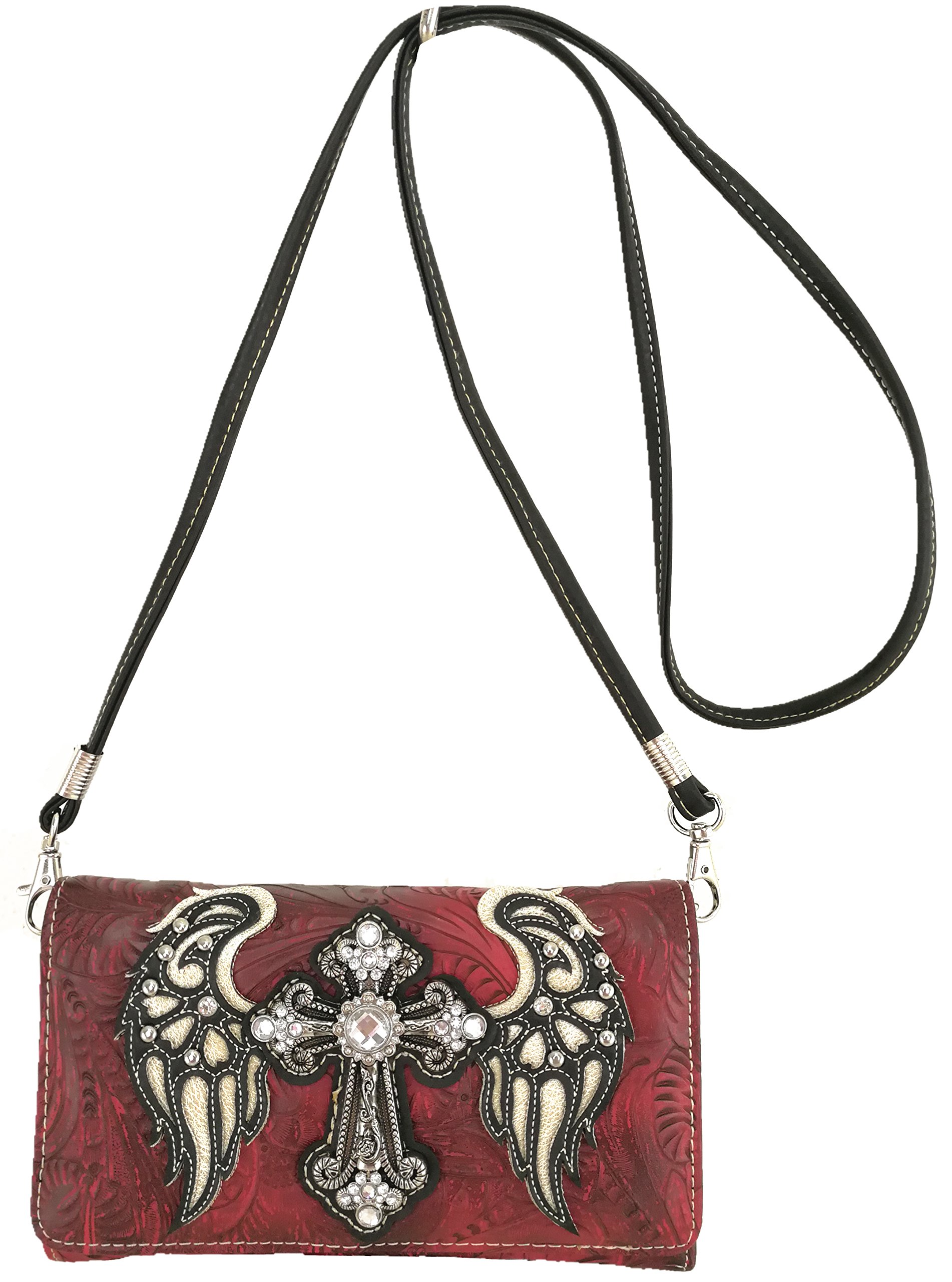 Western Rhinestone Cross Laser Cut Wings Tote Concealed Carry Purse Handbag Women Shoulder Bag Wallet Set (Red Set)