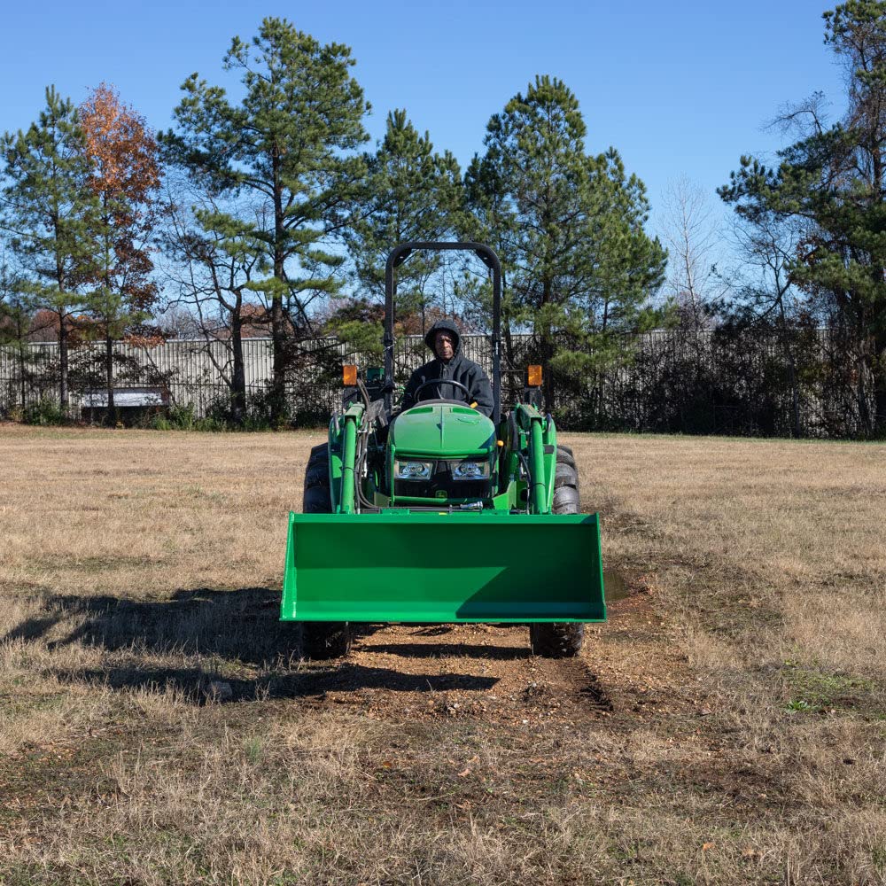 Titan Attachments 4FT Dirt Bucket Attachment Fits John Deere Hook and Pin Tractors, Low Profile Bucket for Dirt, Debris, Material Loading with Reinforced Gussets