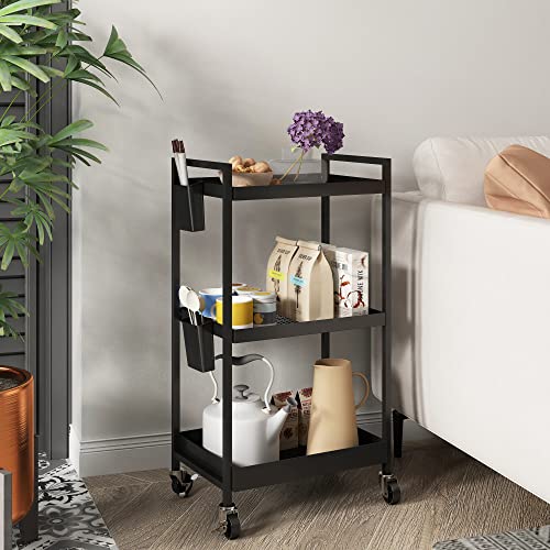 STEEHOOM 3 Tier Utility Rolling Cart, Metal Rolling Storage Cart with Locking Wheels Kitchen Cart with 2 Small Hanging Cups for Bathroom, Office, Balcony, Library, Living Room (Black)