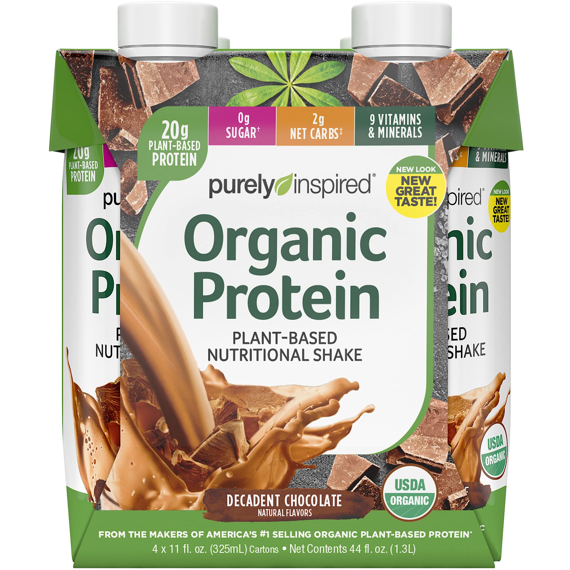 Purely Inspired Ready to Drink Organic Protein Shake, Decadent Chocolate (12 Pack) - Plant-Based RTD Nutritional Protein Drinks - Zero-Sugar & Gluten-Free Meal Replacement Drink Liquid Protein