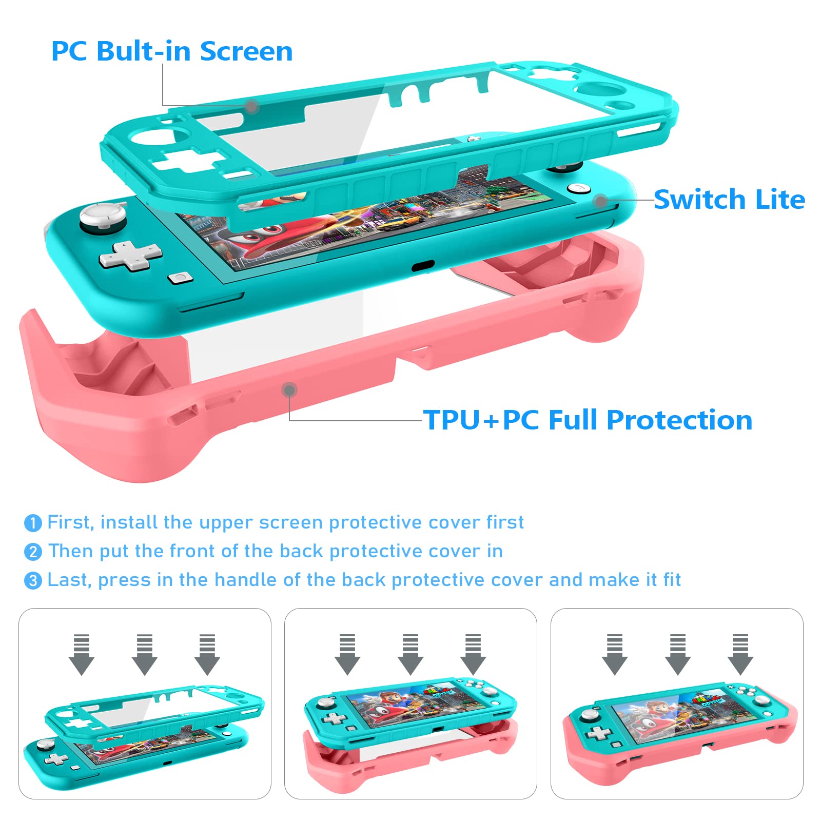 Voakod Compatible Nintendo Switch Lite Screen Protector Case Cover with Hand Grip, Detachable Protective Case with Shockproof and Anti-Scratch Design with for Nintendo Switch Lite, Black
