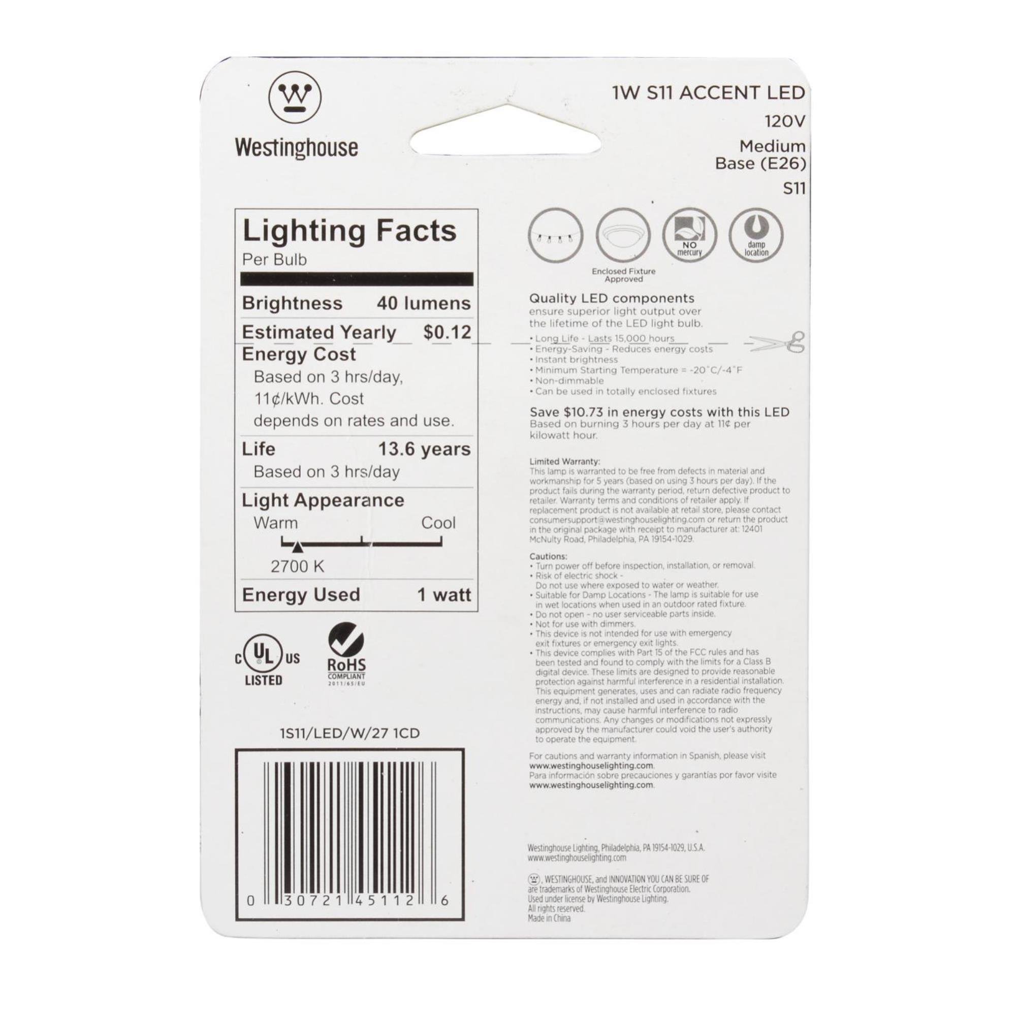 Westinghouse 4511220 7-1/2-Watt Equivalent S11 White LED Light Bulb with Medium Base (4 Pack), 4 Count (Pack of 1)