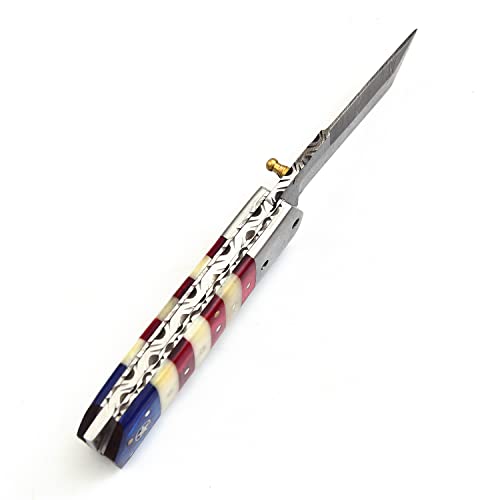 W Trading Custom Hand Made Damascus Steel Blade Gorgeous Folding Hunting Knife AMERCIAN FLAG, Liner Lock with Leather Pouch. ZE-5125-AF
