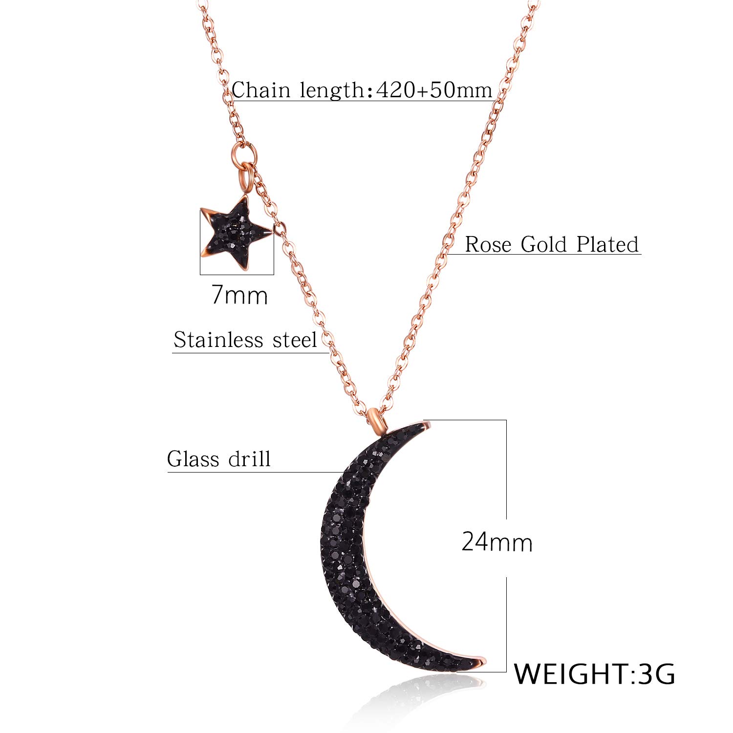 TEMICO Rose Gold Plated Stainless Steel Black Crystal Cubic Zirconia Star Moon Crescent Pendant Necklace for Women