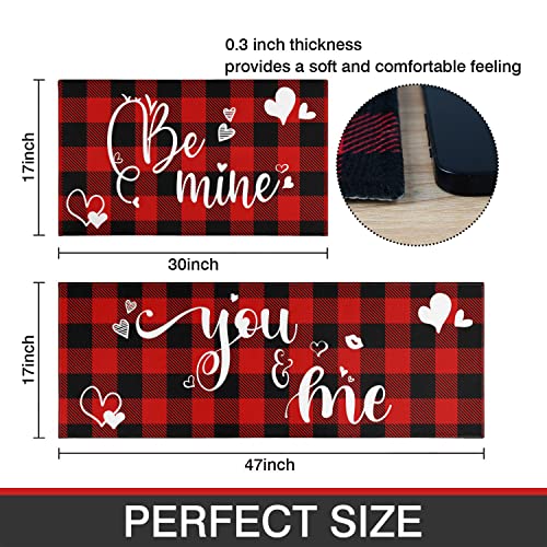 Xsinufn Valentines Day Kitchen Mat Set 2 Piece,Valentines Day Buffalo Plaid Decorative Kitchen Rugs,Valentines Hearts Low-Profile Kitchen Mats for Home Kitchen (17"x48"+17"x30" Be Mine)