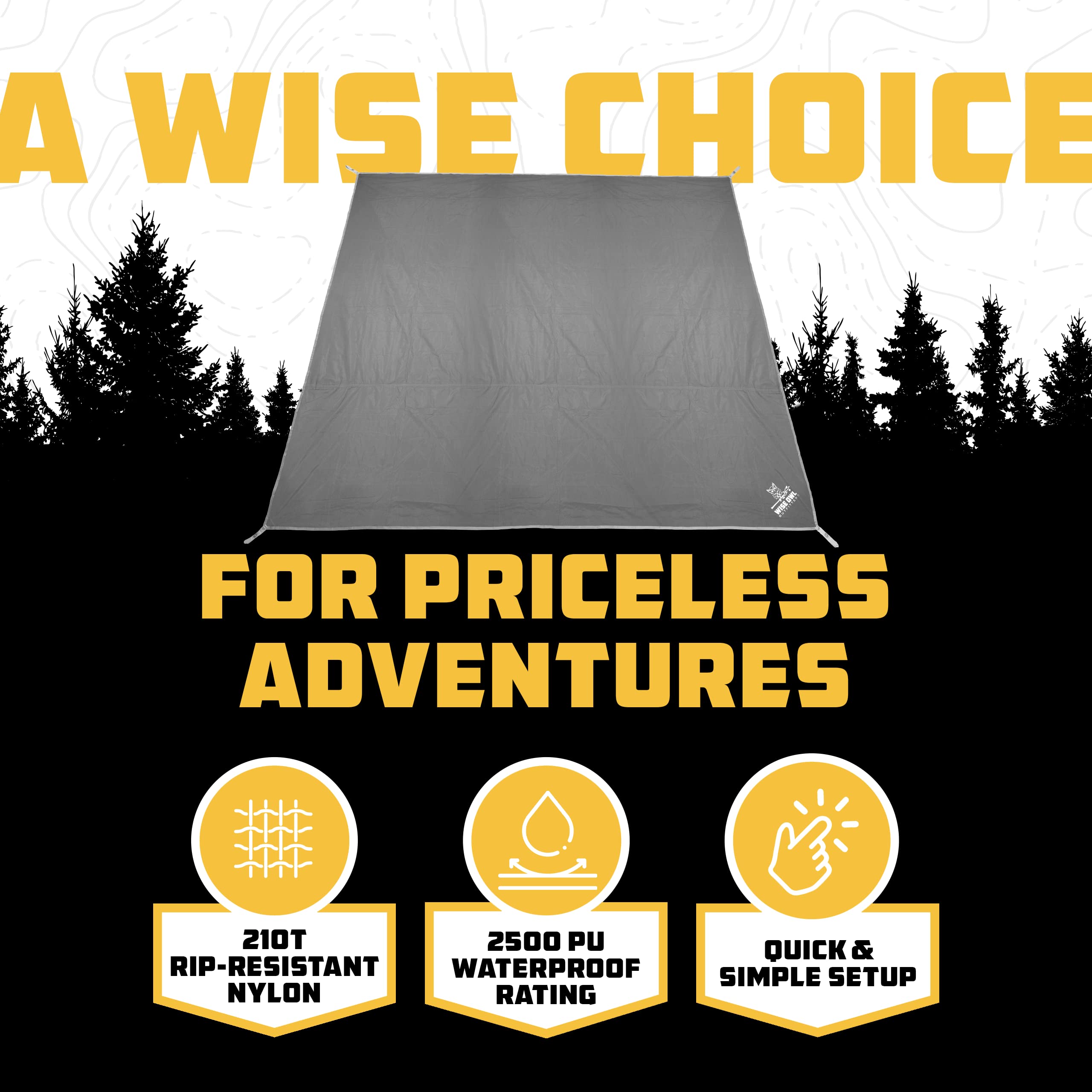 Wise Owl Outfitters Camping Tarp Waterproof for Under Tent - Camping Gear Must Haves w/Easy Set Up Including Tent Stakes and Carry Bag - Medium Grey