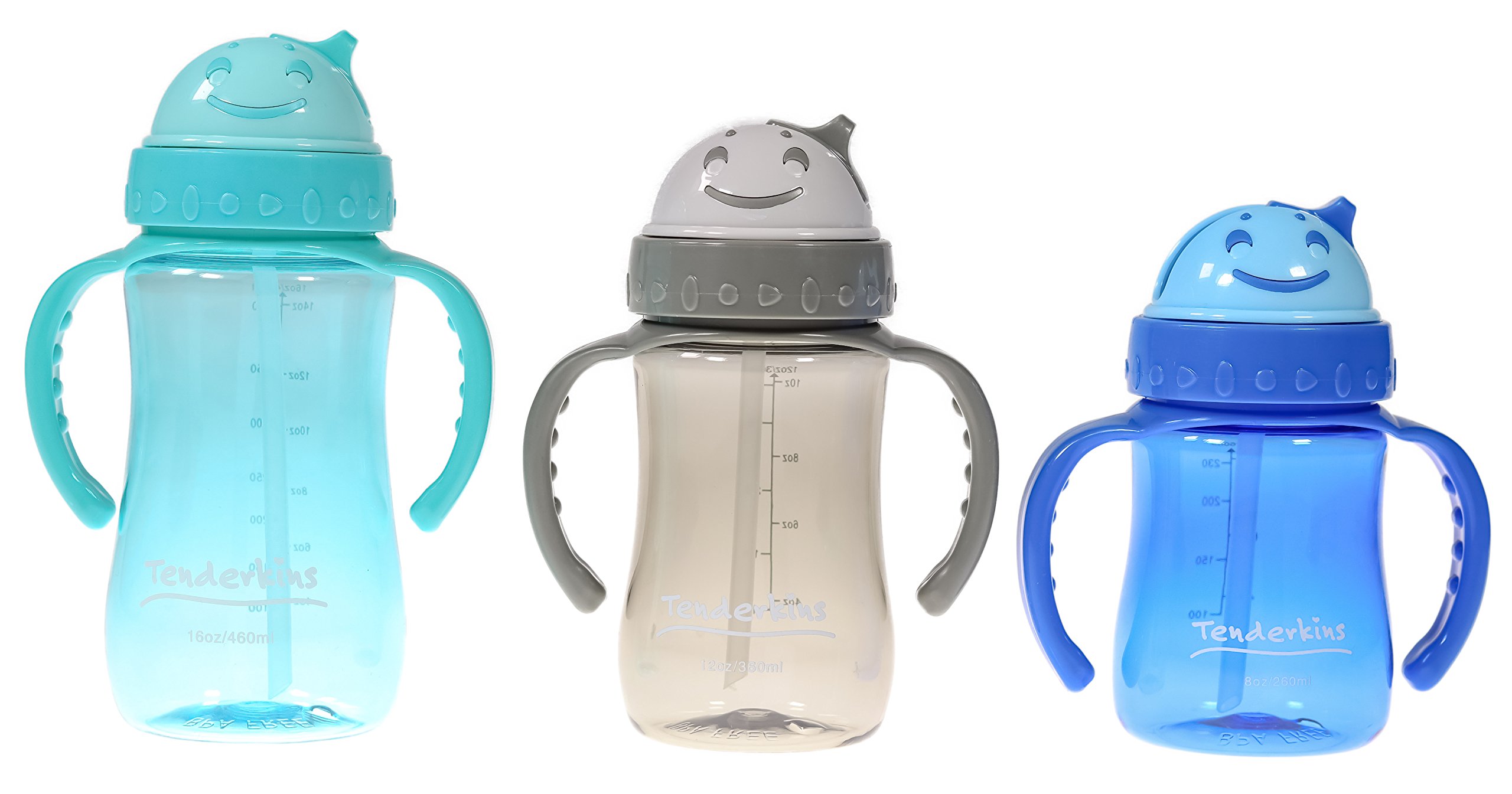 Tenderkins 3-Pack Children's Break-Resistant Water Bottles - 100% Tritan - BPA-Free - 3 Great Sizes Fun Colors - Hide Away Straw - Kid Tested & Approved - by Unity