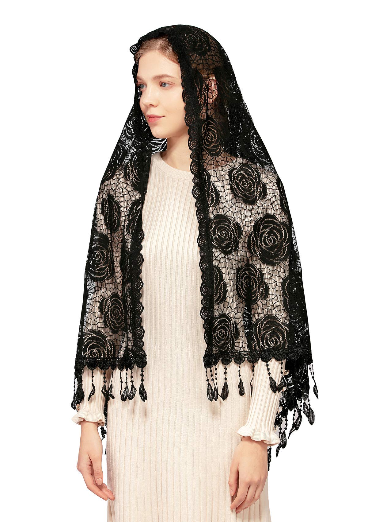 Wgior Rose Rectangular Chapel Veil Scarf Catholic Church Veils Mantilla Wrap Shawl Mass Head Covering (Black)